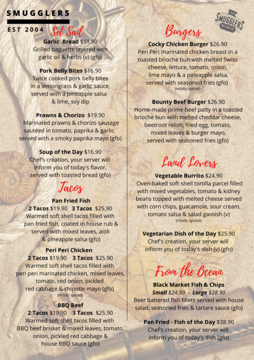 Dinner Menu - Smugglers Pub & Cafe