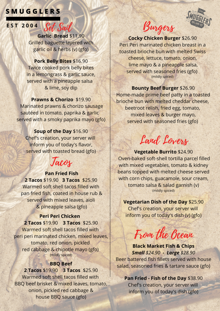 Dinner Menu - Smugglers Pub & Cafe