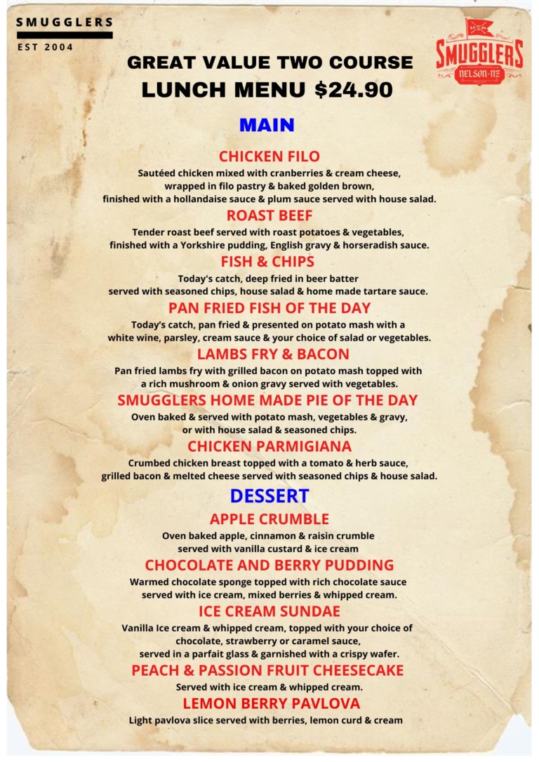 Great Value Two-Course Lunch Menu - Smugglers Pub & Cafe