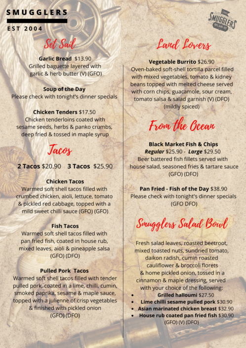 Dinner Menu - Smugglers Pub & Cafe
