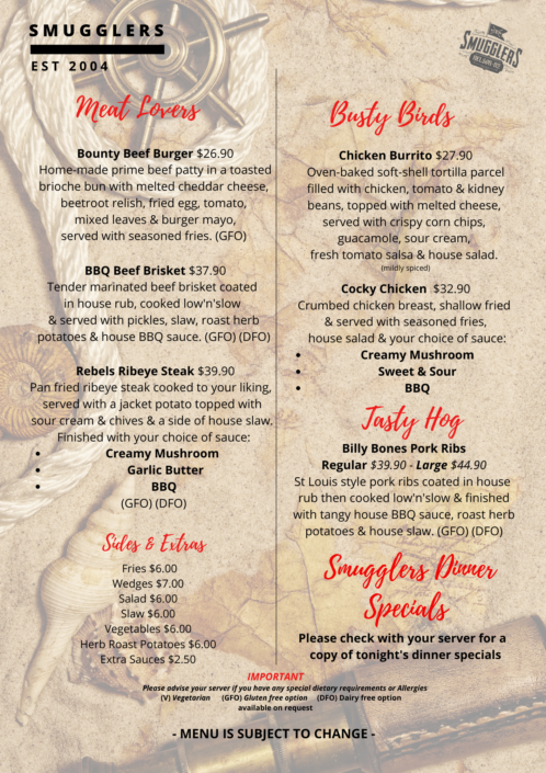 Menus - Smugglers Pub & Cafe