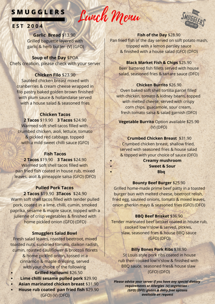 Menus - Smugglers Pub & Cafe