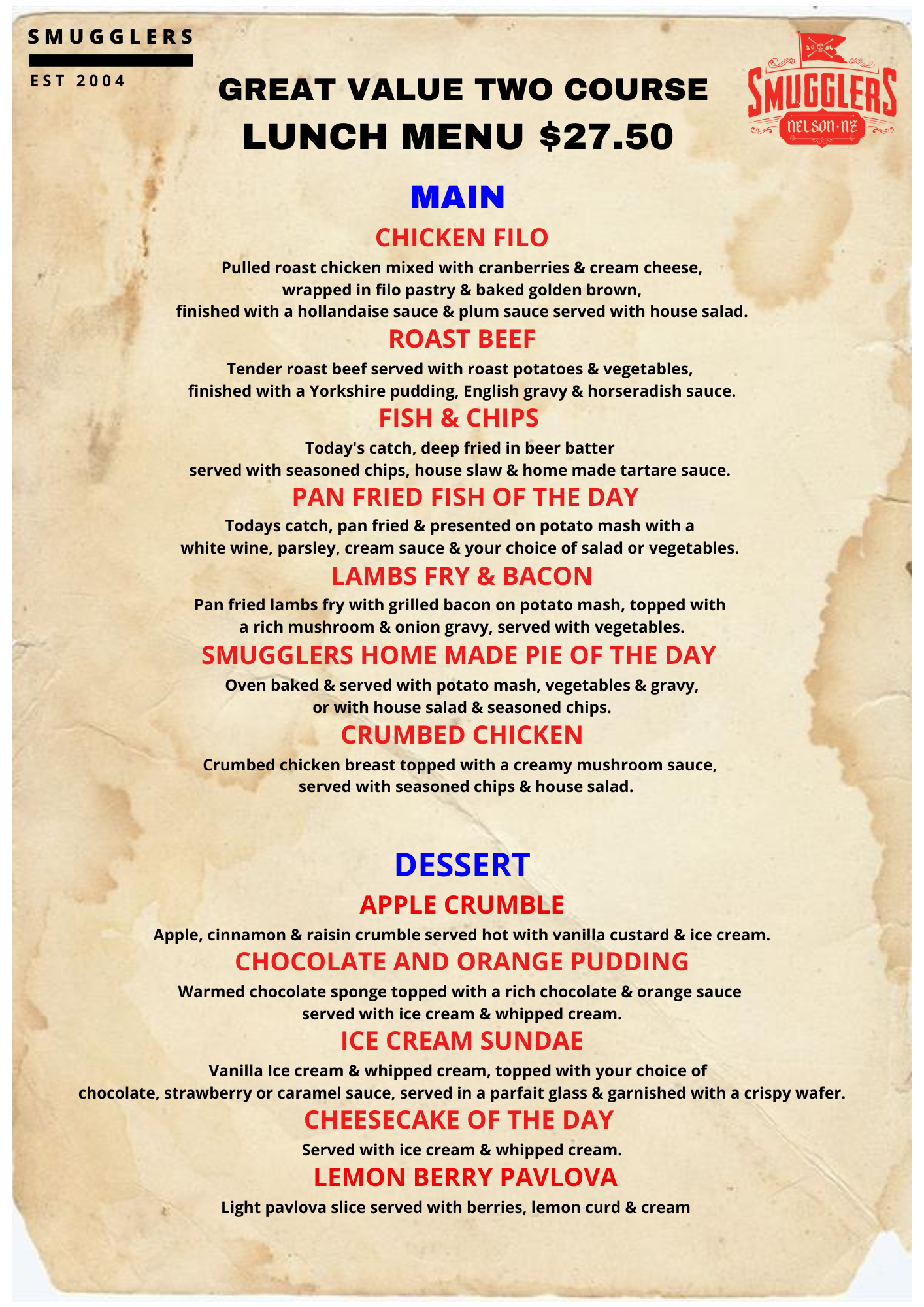 Great Value 2 Course Lunch Menu - Smugglers Pub & Cafe